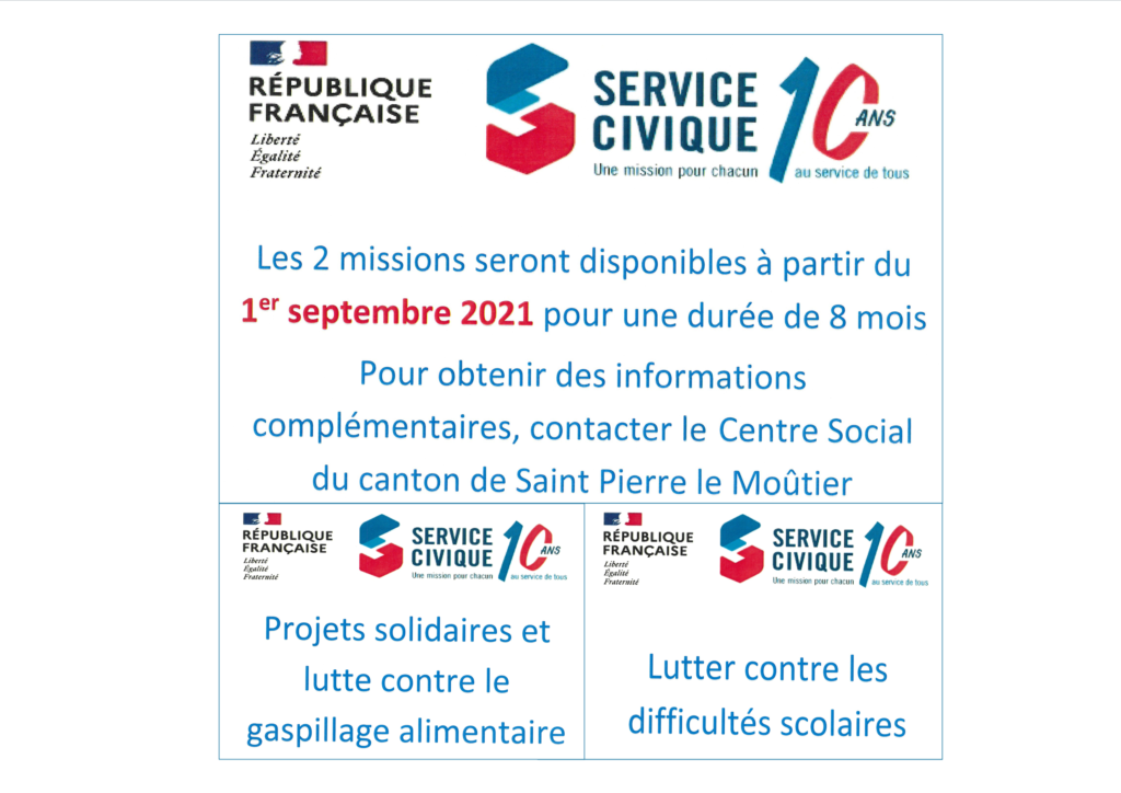 Service Civique 2021 - Centre Social du canton de St Pierre le Moûtier