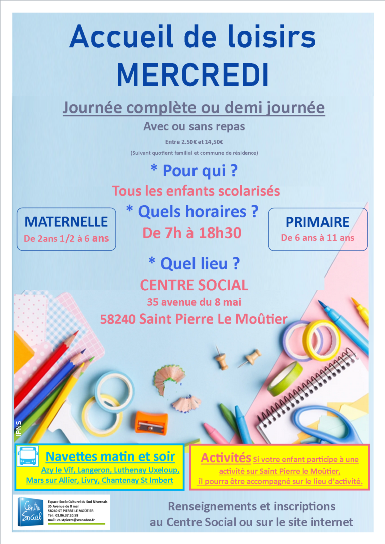 Accueil de loisirs Mercredi Maternelle/Primaire - Centre Social du canton de St Pierre le Moûtier